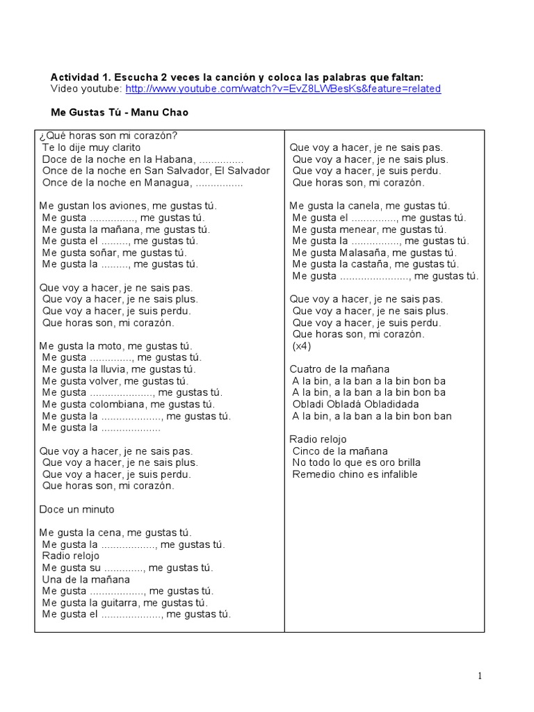 Manu Chao Me Gustas Tú (Actividades Gustar y Verbos Similares) | PDF ...
