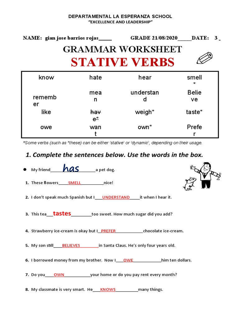 Stative Verbs: Grammar Worksheet | PDF | Grammar | Linguistic Morphology