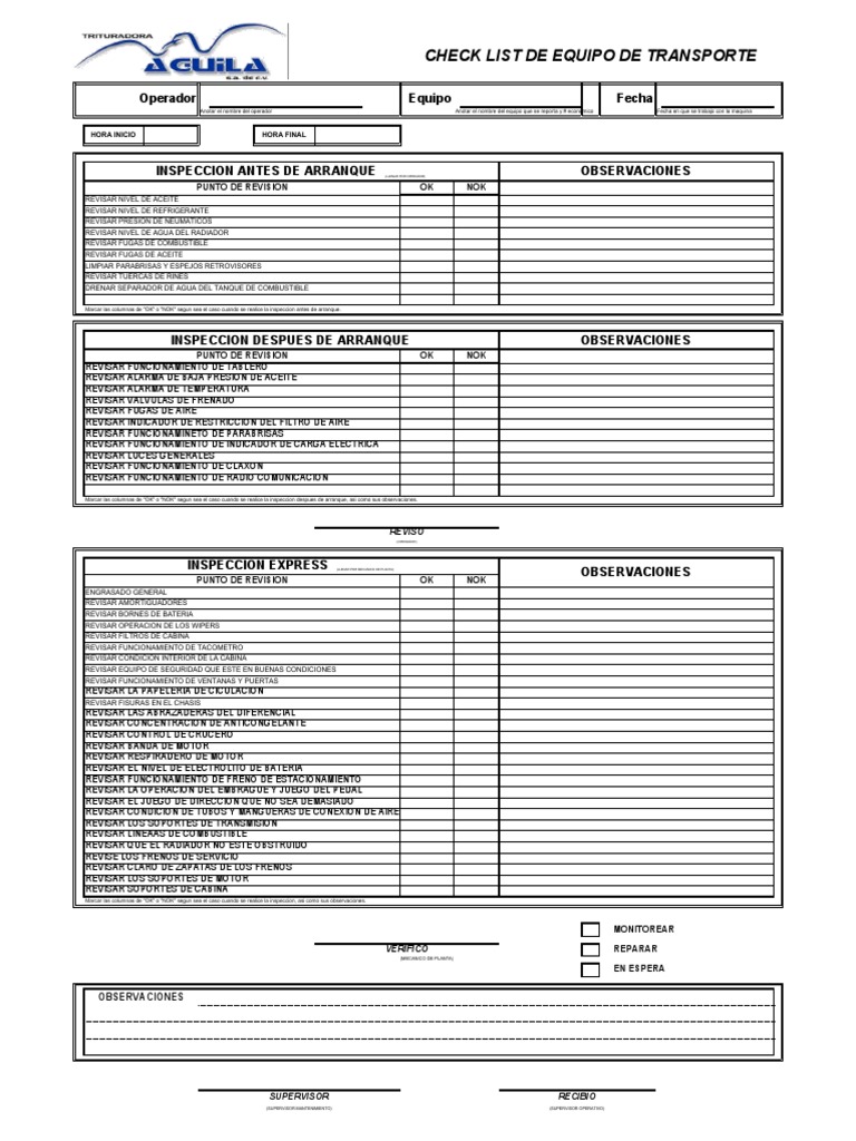 Check List Equipo de Transporte | PDF | Vehículos | Tecnología de vehículos