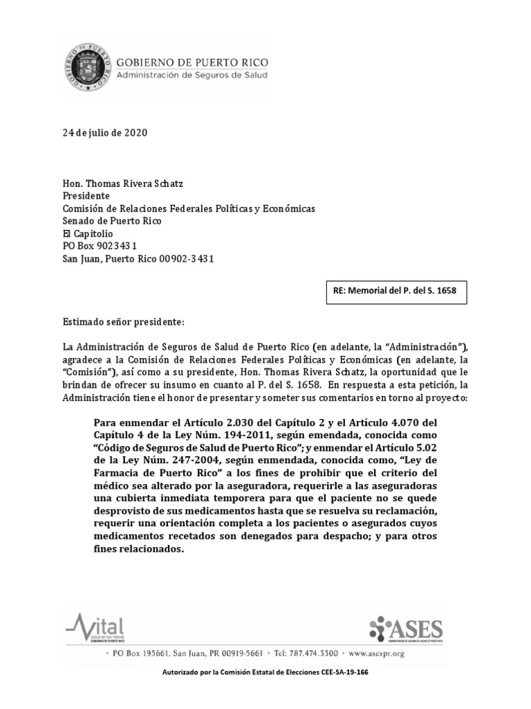 Memorial Explicativo PS 1658 | PDF | Puerto Rico | Medicamentos con receta