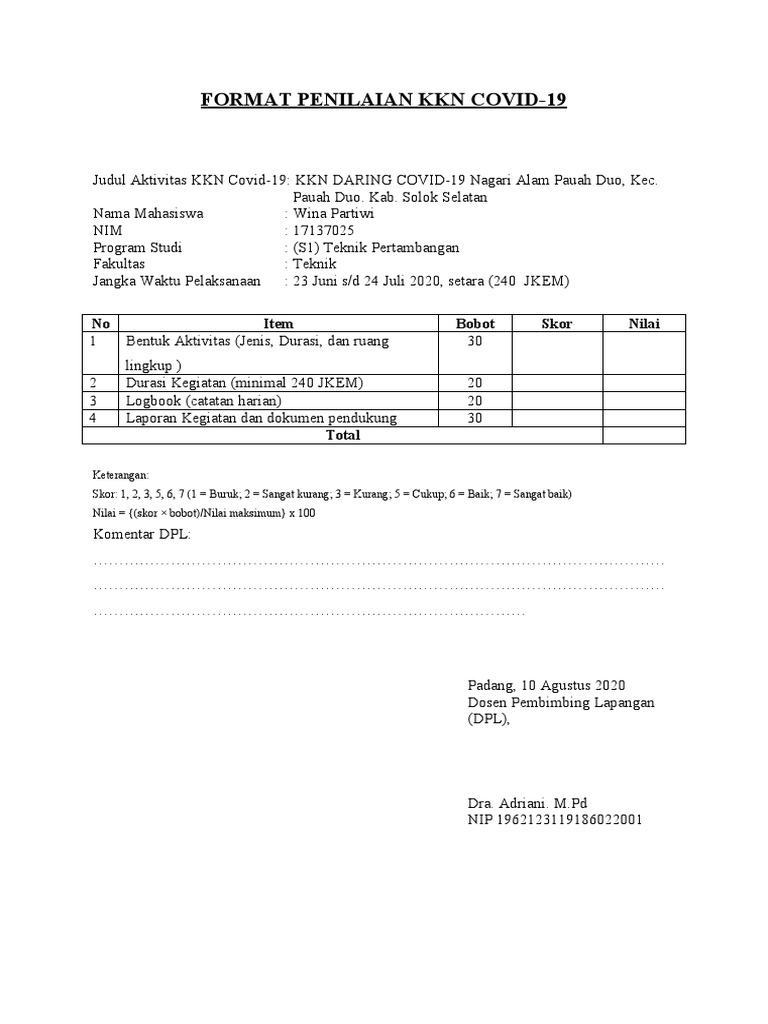 Format Penilaian KKN (Wina P) | PDF