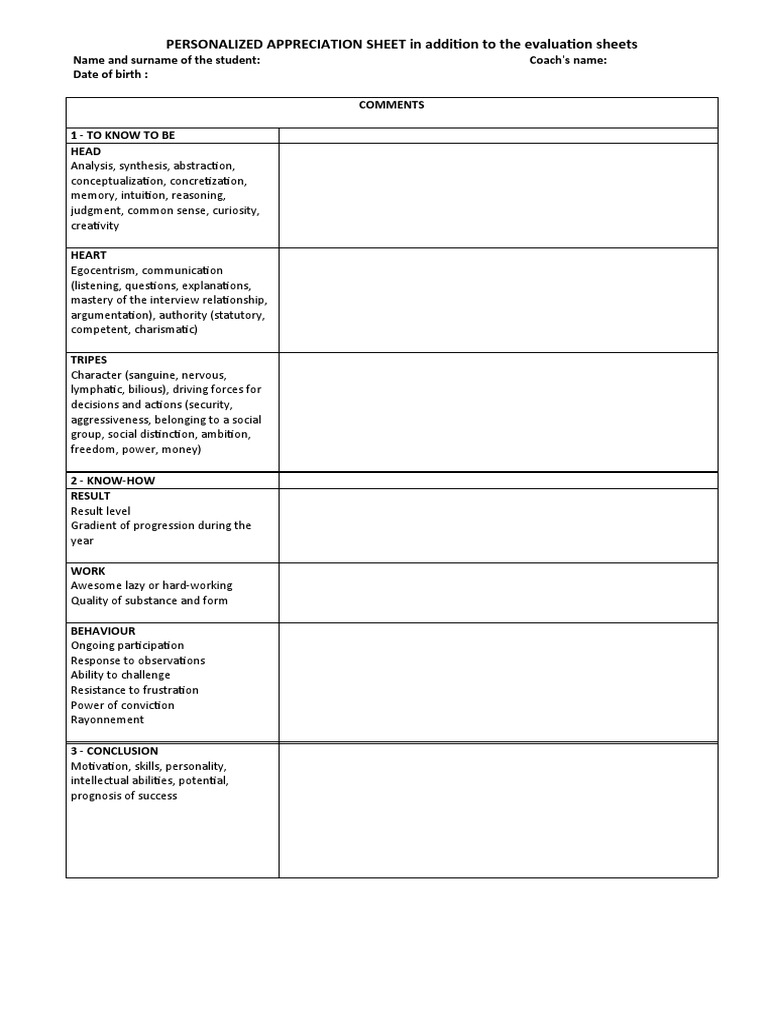 PERSONALIZED APPRECIATION SHEET in Addition To The Evaluation Sheets | PDF