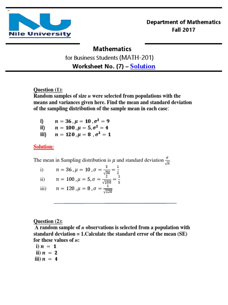 Mathematics: Worksheet No. | PDF | Standard Error | Mean
