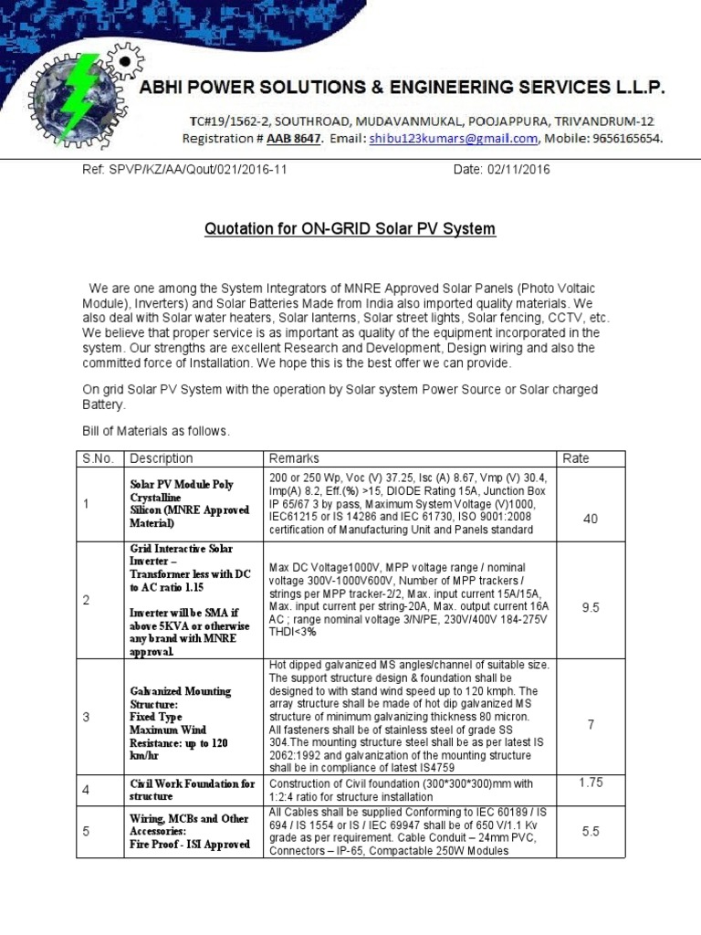 On-Grid Solar PV System Quotation | PDF | Solar Power | Photovoltaic System