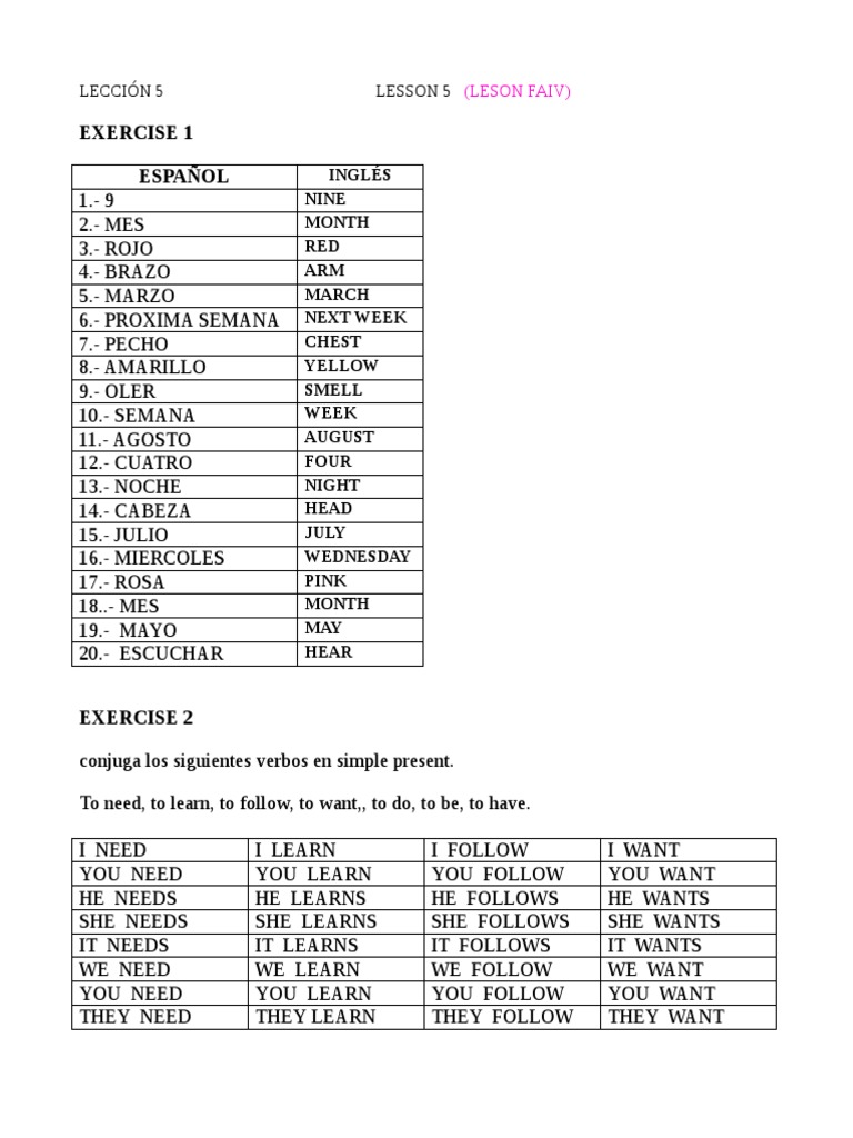 Spanish-English Lesson 5 Exercises | PDF