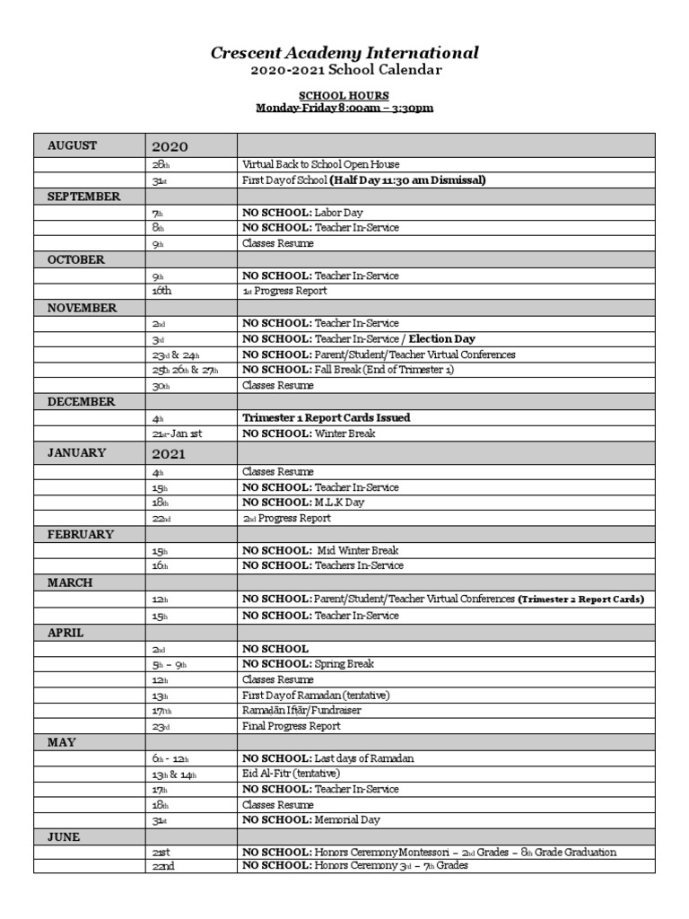 2020-2021 School Calendar | PDF