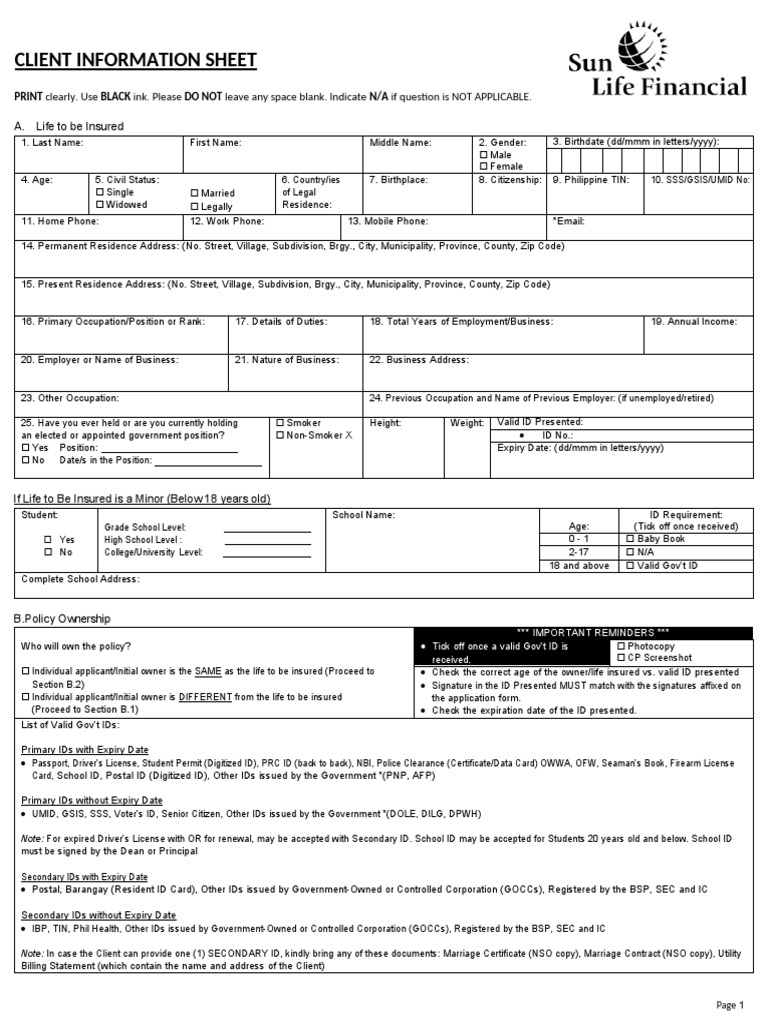 Client Information Sheet: A. Life To Be Insured | PDF | Identity ...