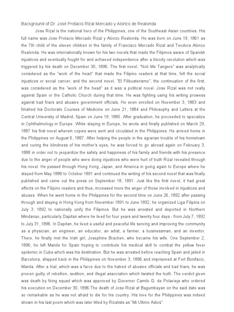 Background of Dr. José Protacio Rizal Mercado y Alonzo de Realonda ...