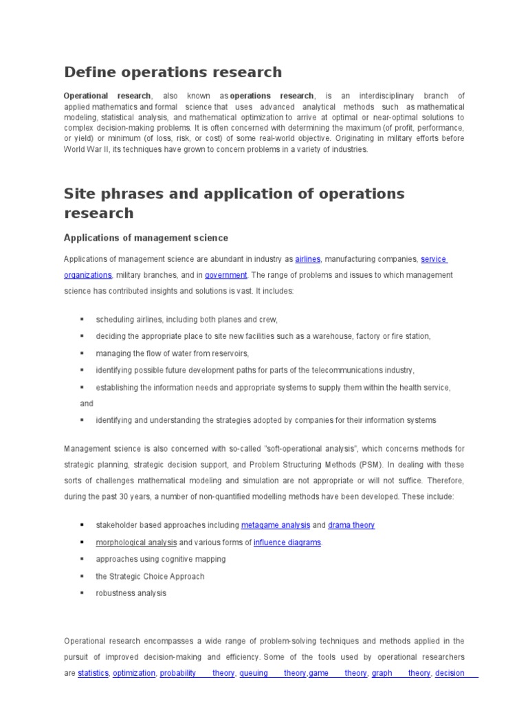 Define Operations Research: Applications of Management Science ...