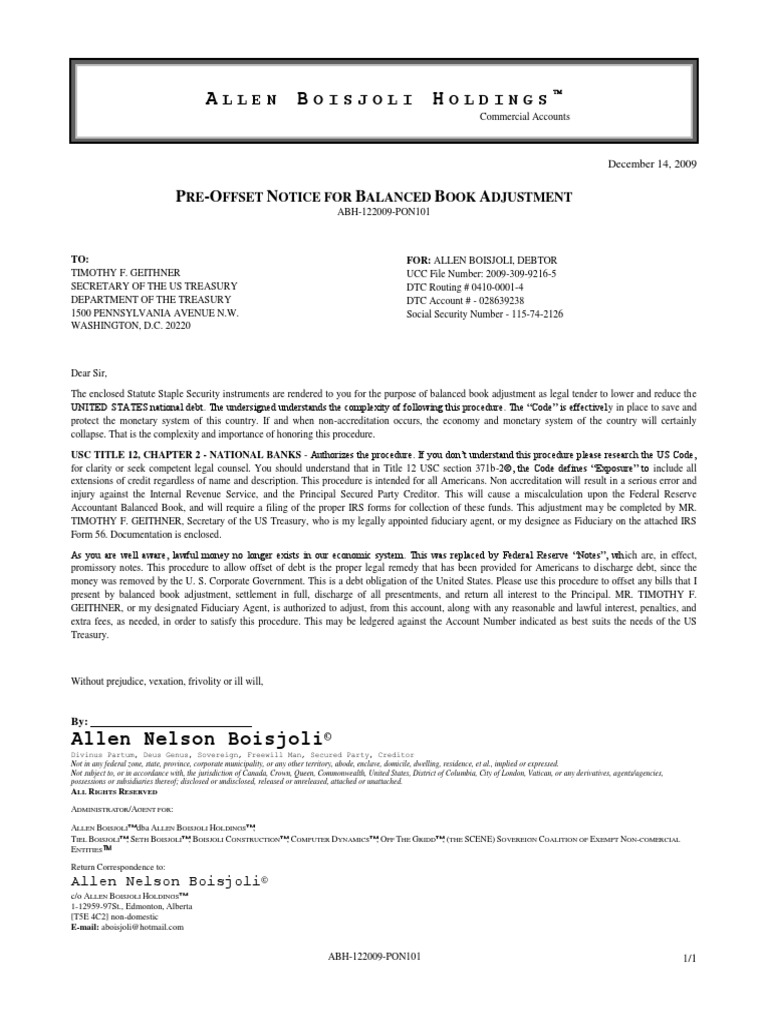 Pree-Offset Notice - ABH-122009-PON101 PDF | PDF | Timothy Geithner ...