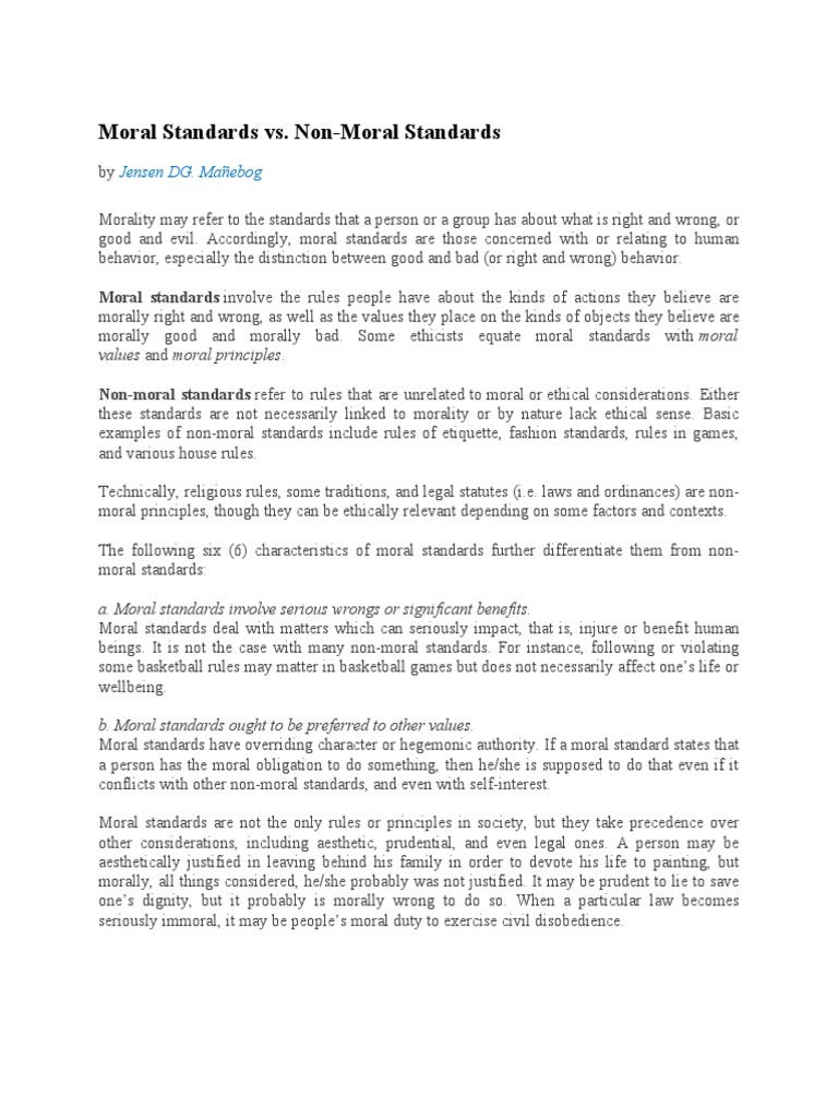 Moral Standards vs. Non-Moral Standards: Jensen DG. Mañebog | PDF ...
