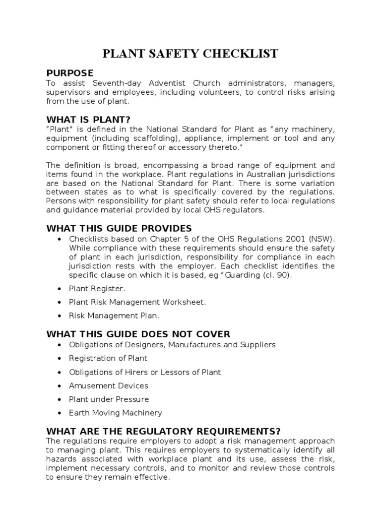 Plant Safety Checklist | PDF | Risk | Risk Management