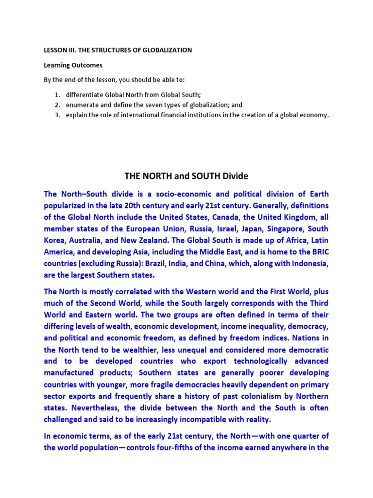 The North and South Divide: Lesson Iii. The Structures of Globalization ...