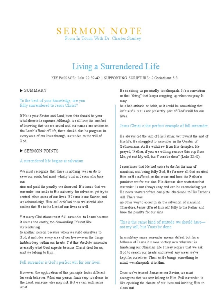 Sermon Note: Living A Surrendered Life | PDF | Jesus | Salvation