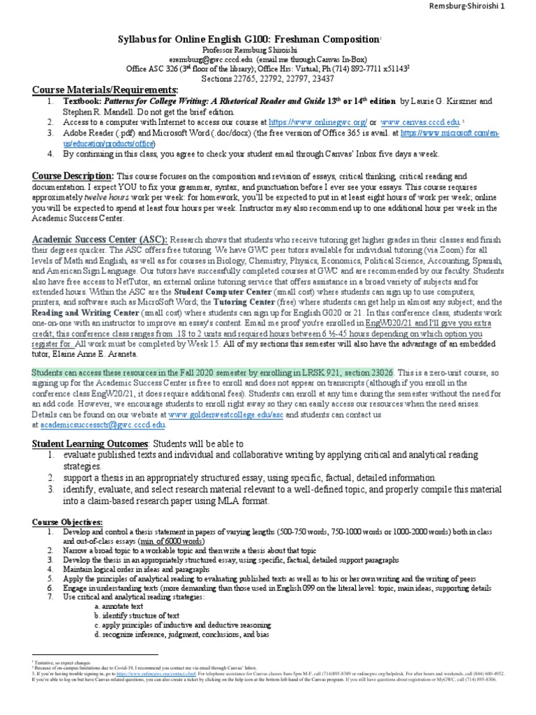 Syllabus For Online English G100: Freshman Composition: Course ...