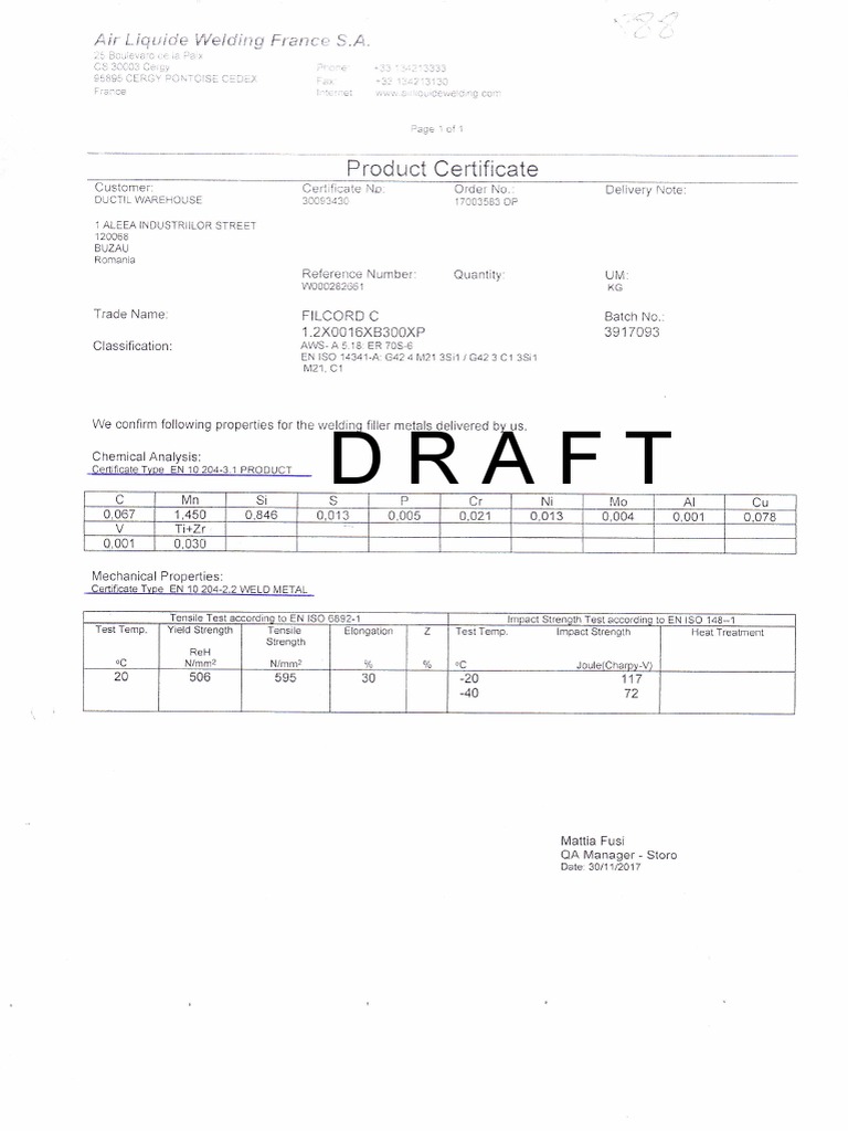 Product Certificate Welding Wire-Model | PDF | Chemical Product ...