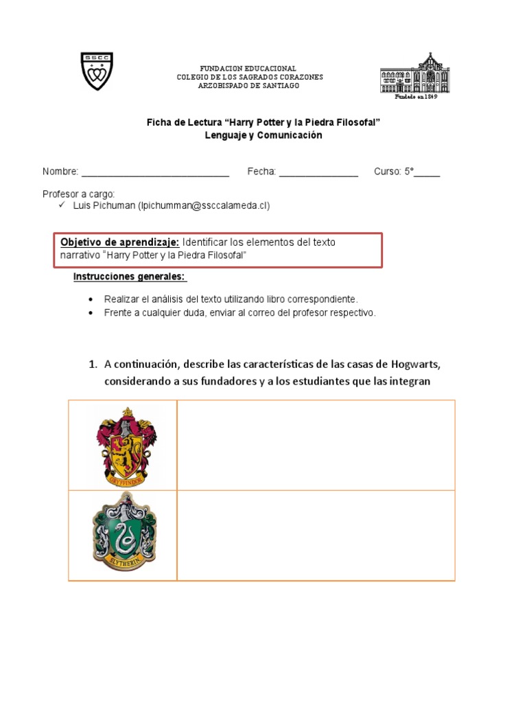 Ficha de Lectura: Harry Potter y la Piedra Filosofal | PDF | Harry ...