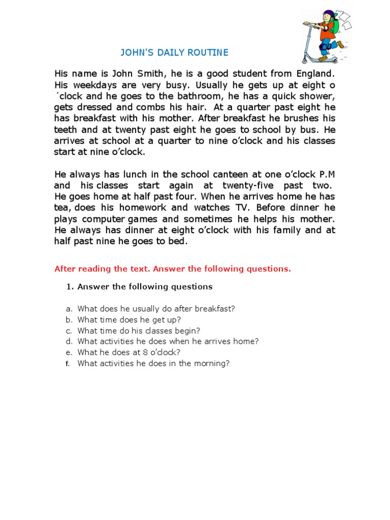 John'S Daily Routine: After Reading The Text. Answer The Following ...