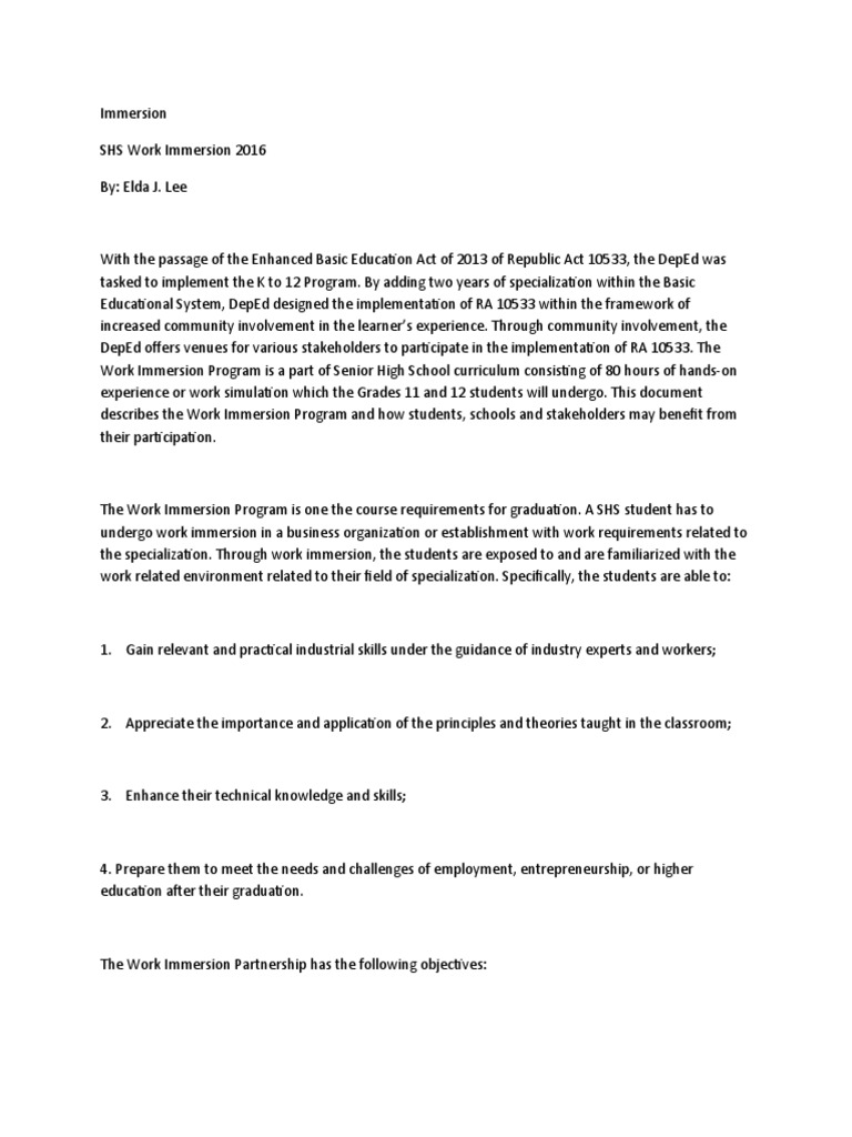 WORK Immersion OBJECTIVES | PDF | Curriculum | Expert