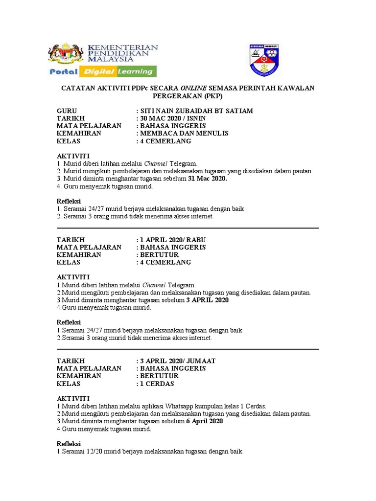 Catatan Aktiviti PDPC Secara Online Semasa Perinta | PDF