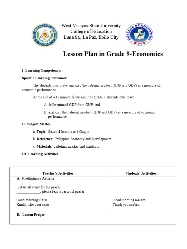 Grade 9 Economics Lesson Plan: GNP vs GDP | PDF | Gross Domestic ...