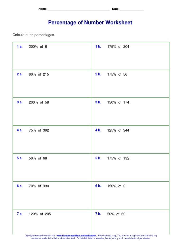 Percentage of Number Worksheet: Calculate The Percentages | PDF ...