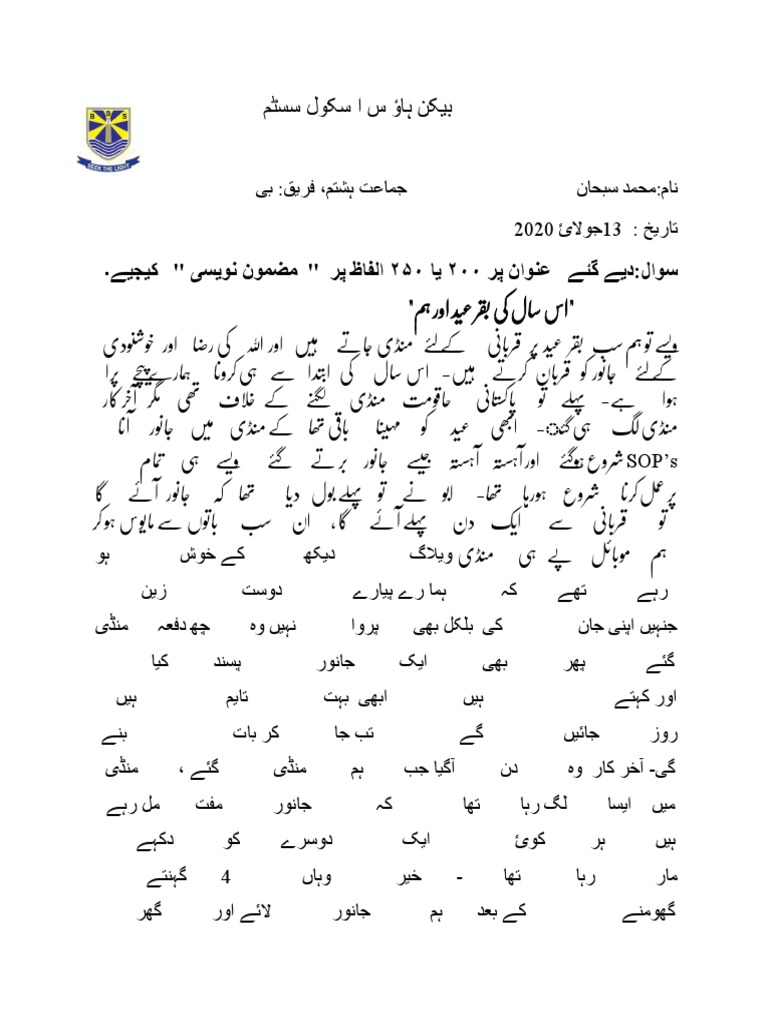 BSU Urdu worksheet of Mazmoon nawaisi 13جولائی | PDF