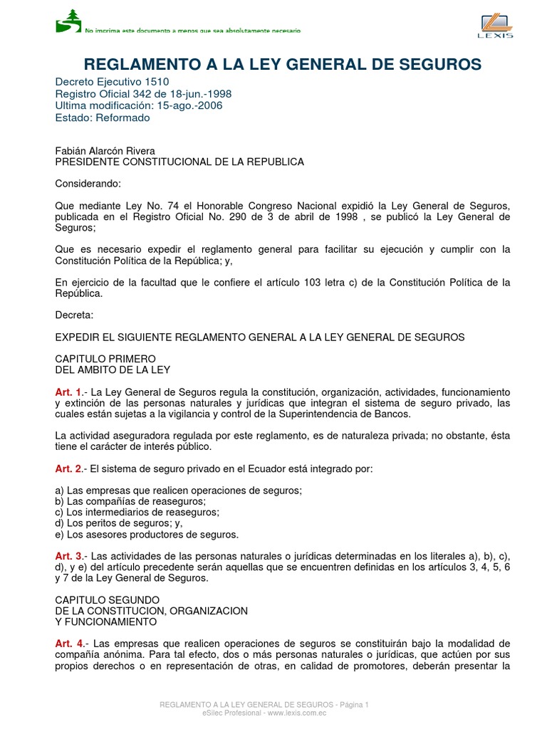 Reglamento A La Ley General de Seguros | PDF | Póliza de seguros | Reaseguro