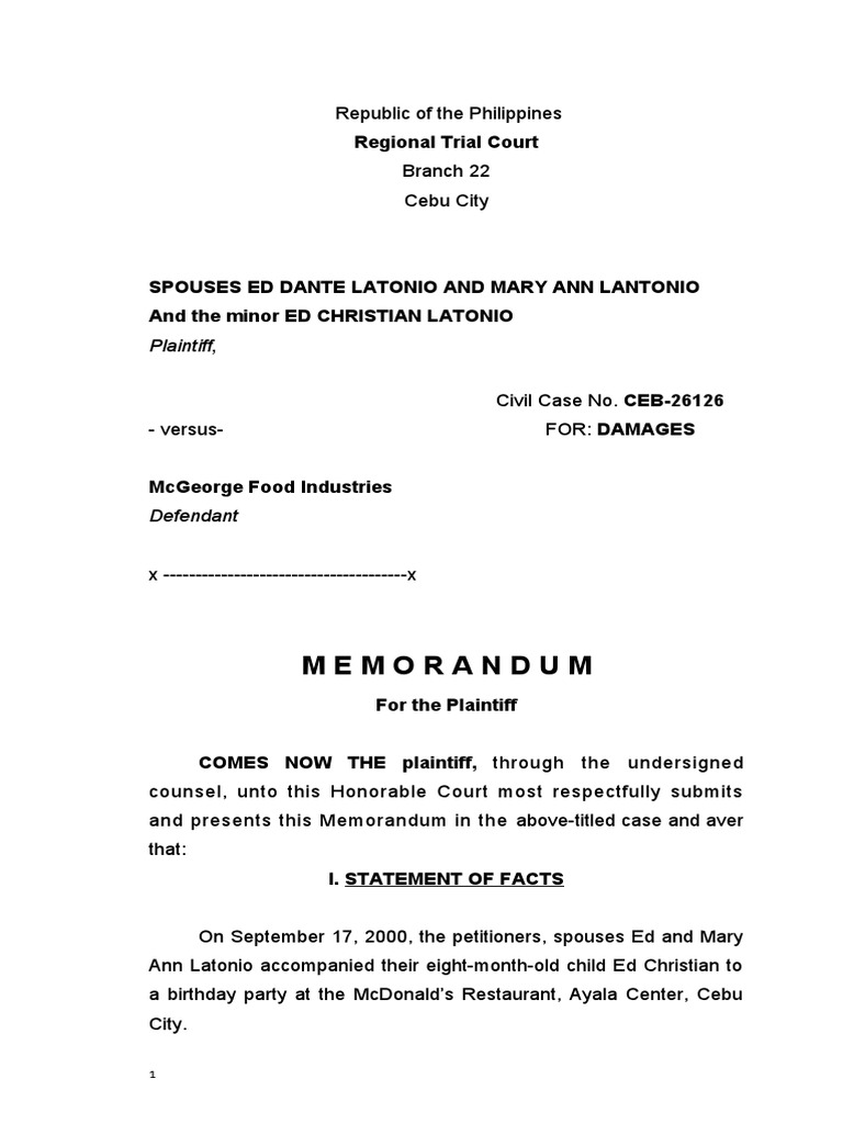 Trial Memorandum Sample | PDF | Reasonable Person | Negligence