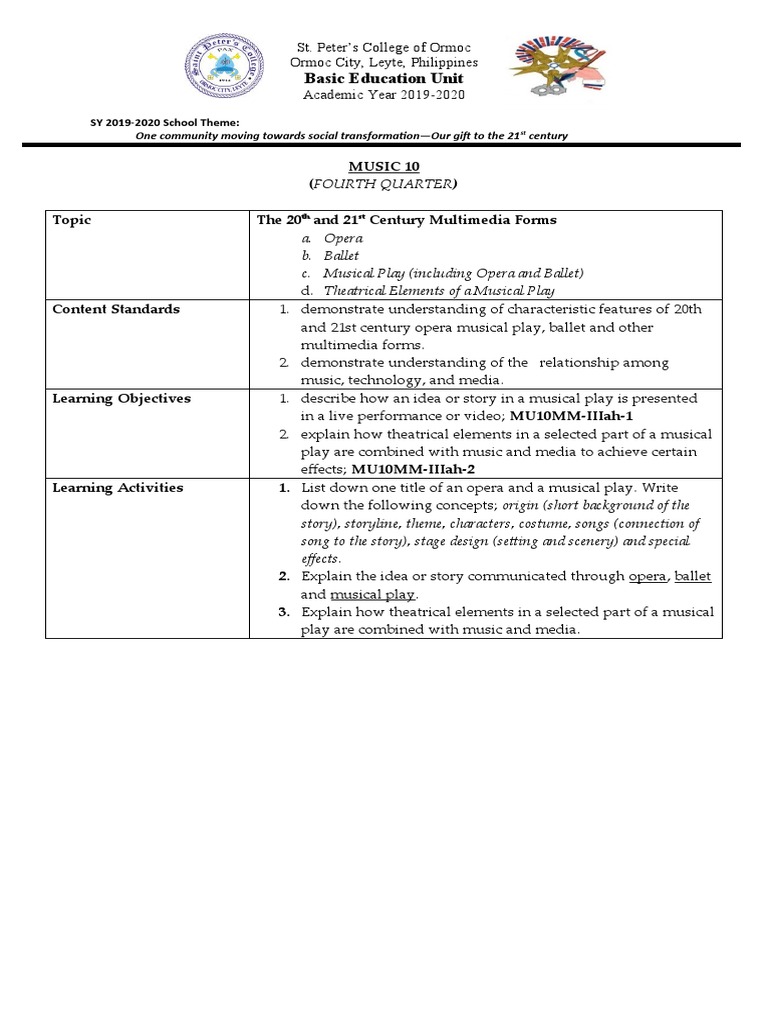Basic Education Unit: A. Opera B. Ballet C. Musical Play (Including ...