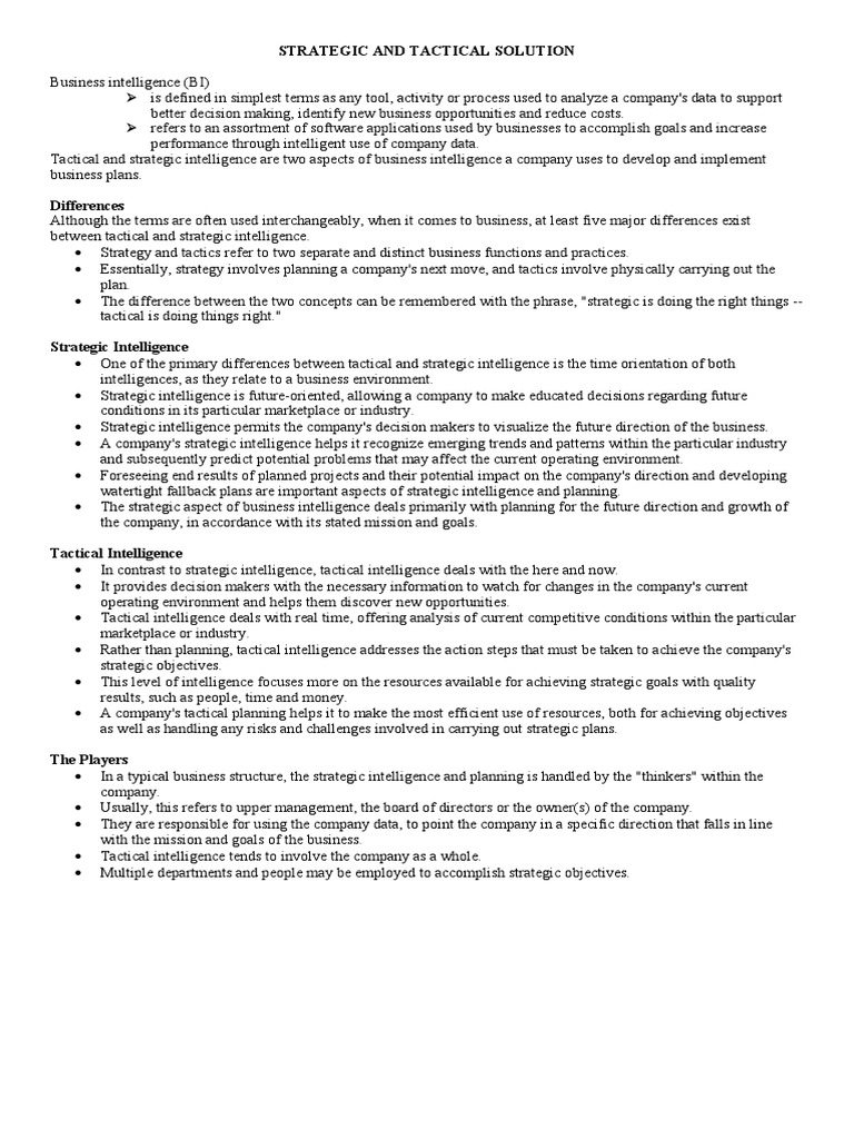 Strategic vs Tactical Intelligence | PDF | Business Intelligence | Business