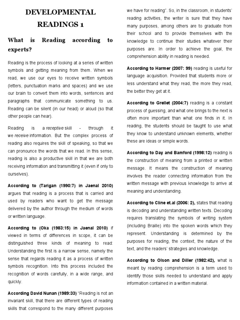 Developmental Readings 1 | PDF | Reading Comprehension | Fluency