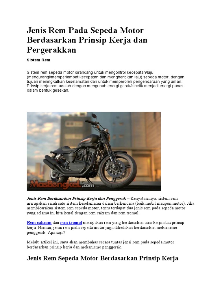 Jenis Rem Pada Sepeda Motor Berdasarkan Prinsip Kerja Dan Pergerakkan | PDF