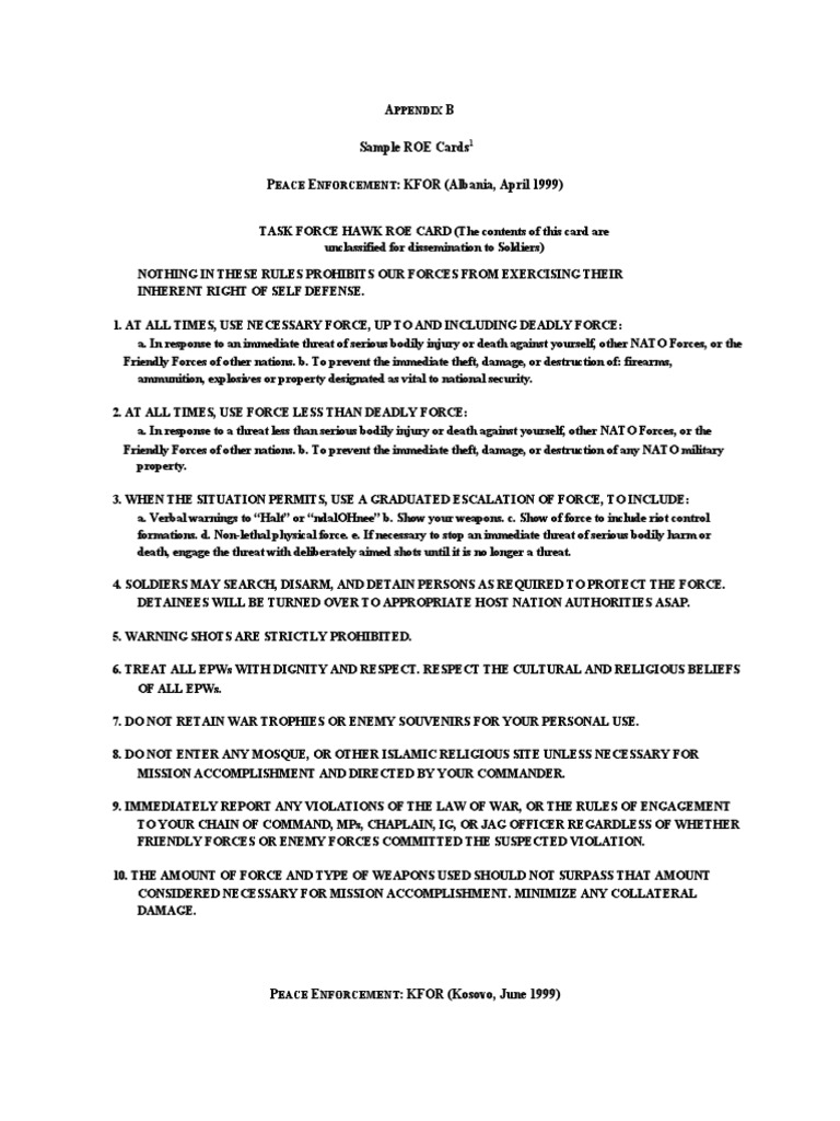A B Sample ROE Cards P E: KFOR (Albania, April 1999) : Ppendix | PDF ...
