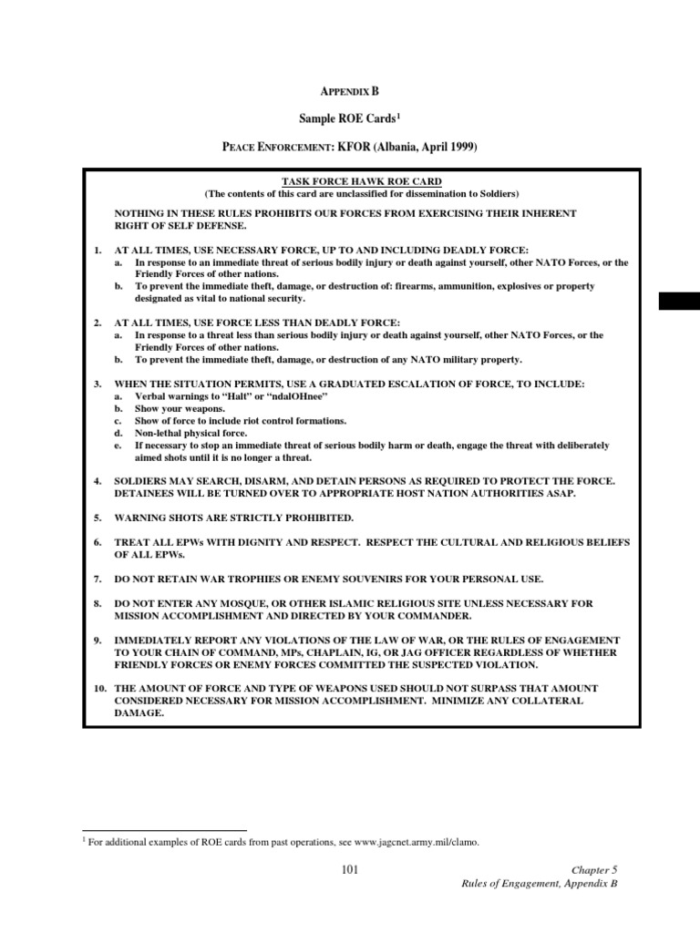 A B Sample ROE Cards P E: KFOR (Albania, April 1999) : Ppendix | PDF ...
