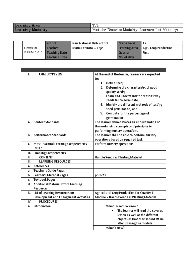 Learning Area Learning Modality: Lesson Exemplar | PDF | Seed | Learning