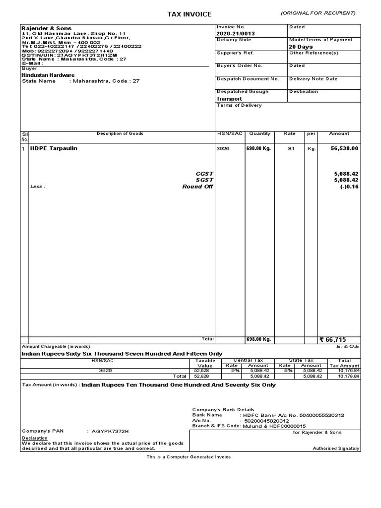Tax Invoice: State Name: Maharashtra, Code: 27 | PDF | Invoice ...