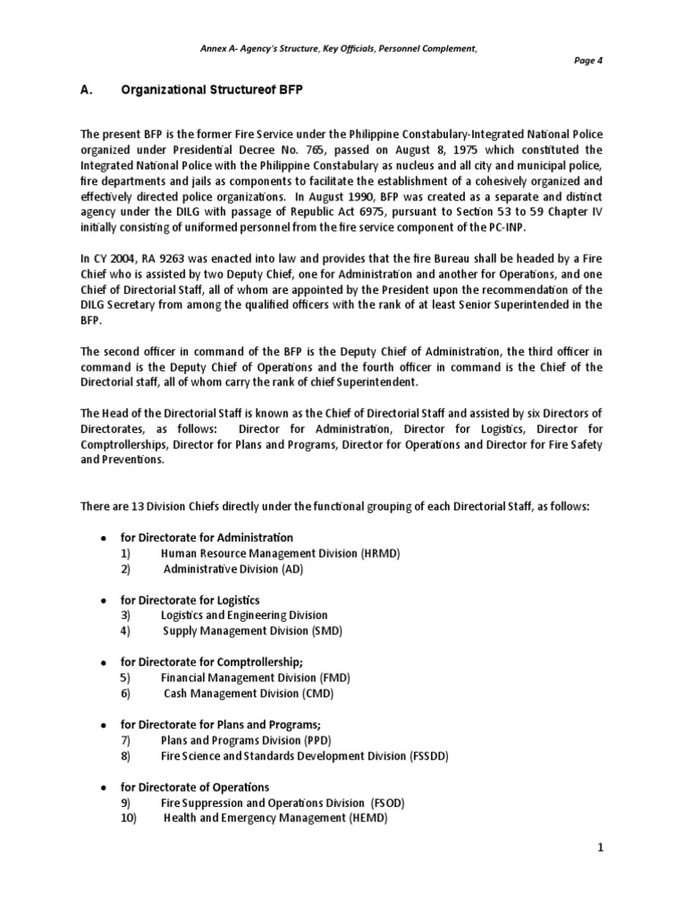 Annex A Organizational Structure of BFP | PDF | Law Enforcement | Crime & Violence
