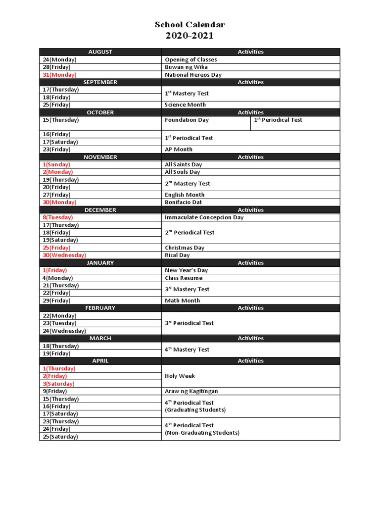 School Calendar 2020 2021 | PDF