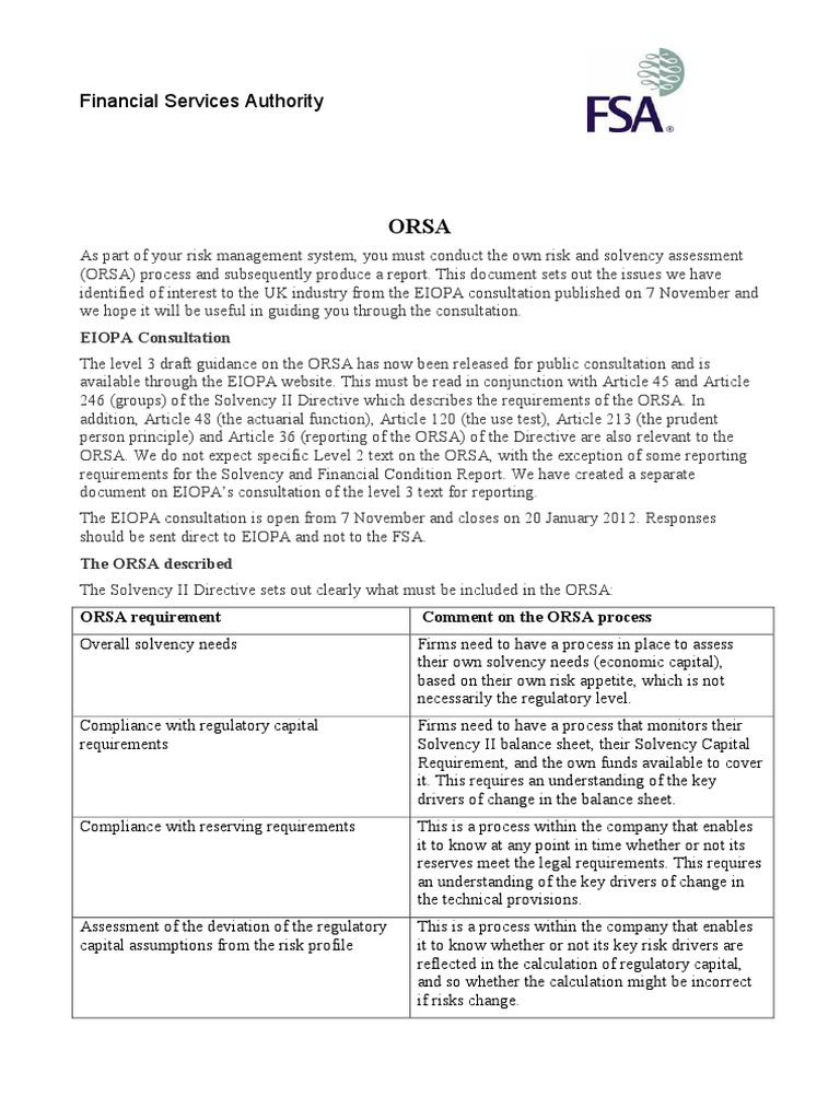 FSA Guide On ORSA | Download Free PDF | Business Law | Financial Risk