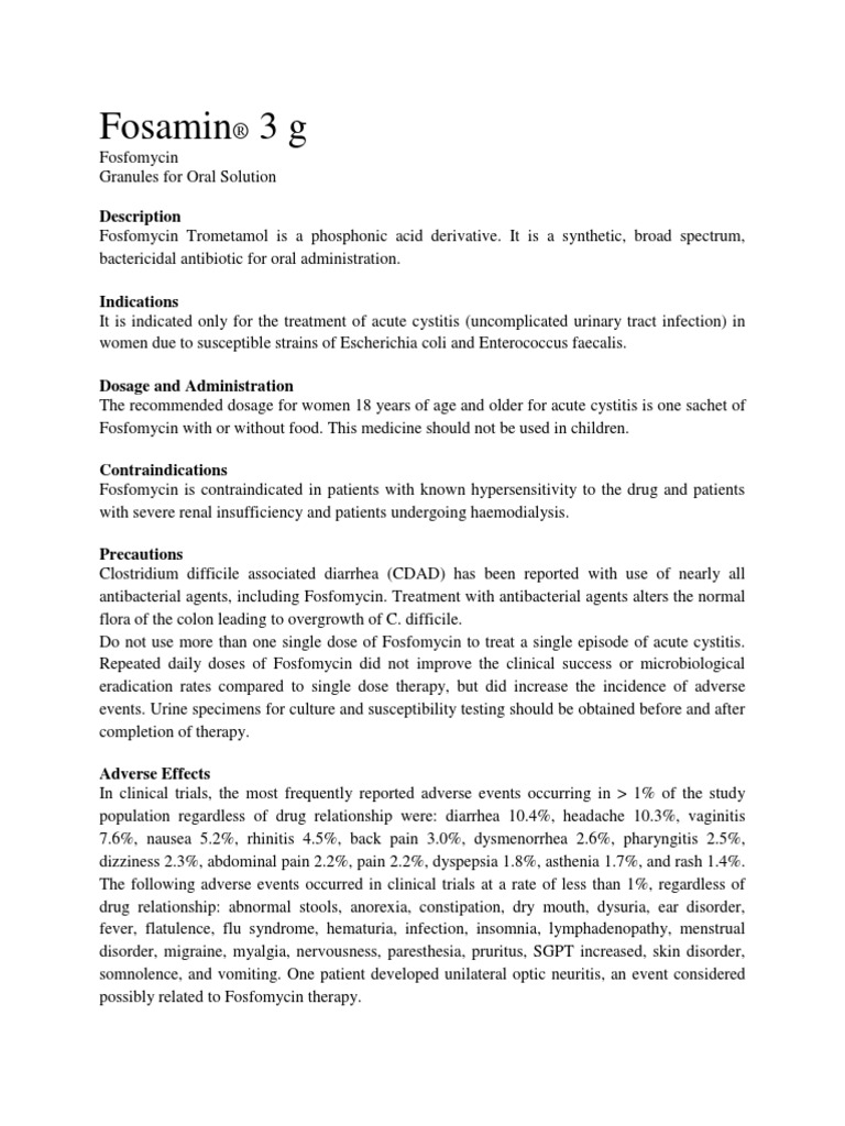 Fosamin 3 G: Description | PDF | Urinary Tract Infection | Drugs