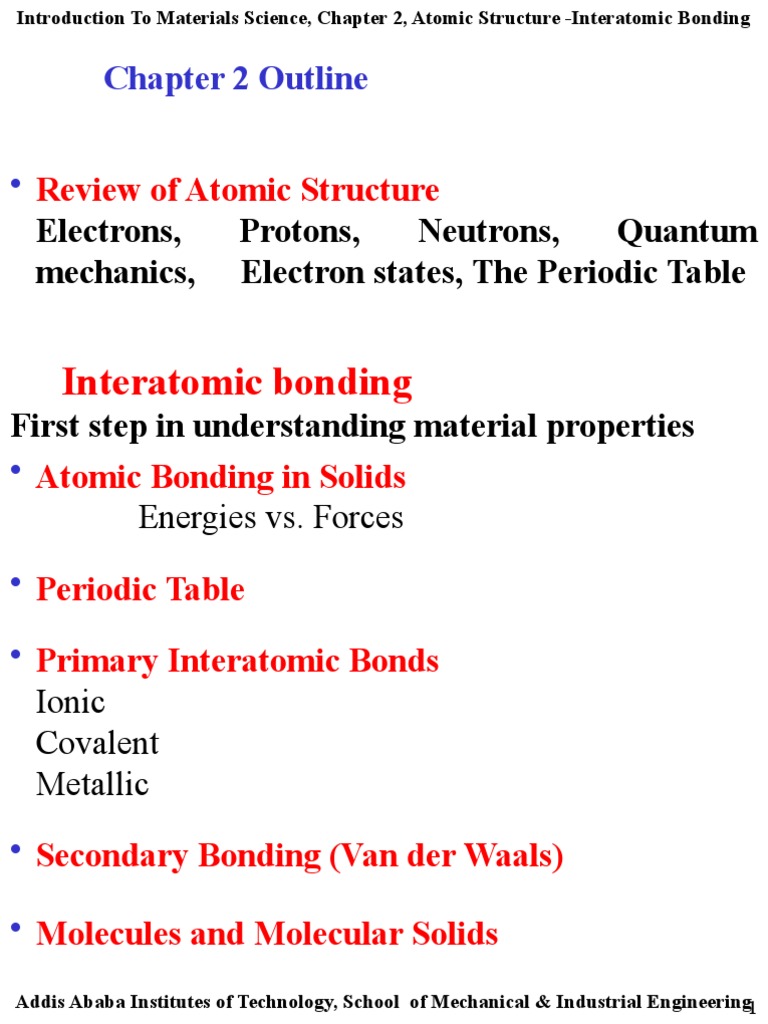 Interatomic Bonding: Chapter 2 Outline | PDF | Ionic Bonding | Chemical ...