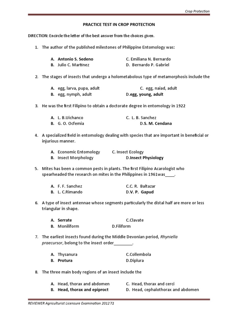 Practice Test in Crop Protection: DIRECTION: Encircle The Letter of The ...