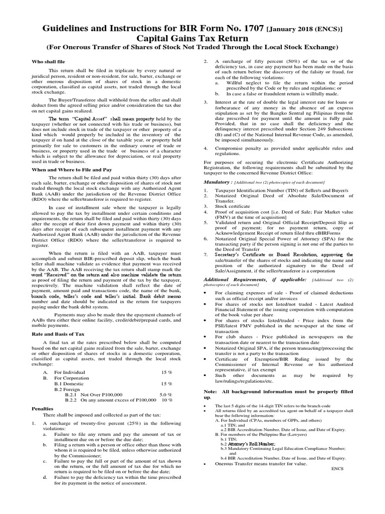 Guidelines and Instructions For BIR Form No. 1707 Capital Gains Tax ...