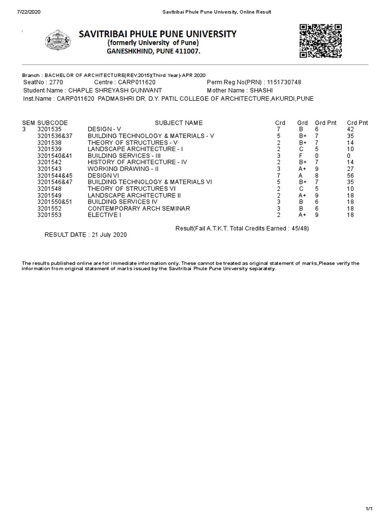 Savitribai Phule Pune University, Online Result PDF | PDF