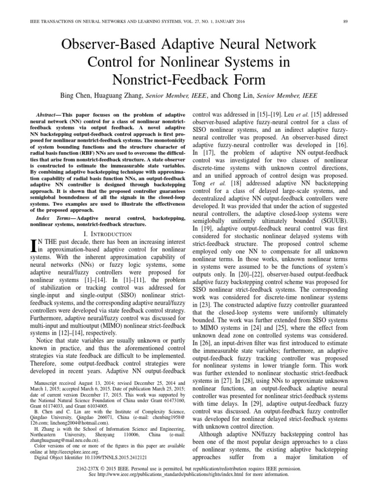 Observer-Based Adaptive Neural Network Control For Nonlinear Systems in Nonstrict-Feedback Form ...