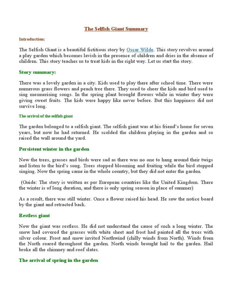 The Selfish Giant Summary | PDF | The Happy Prince And Other Tales