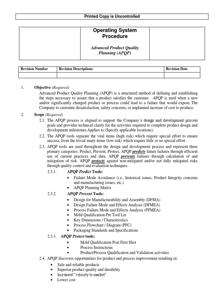APQP OS Procedure Example | PDF | Risk | Business