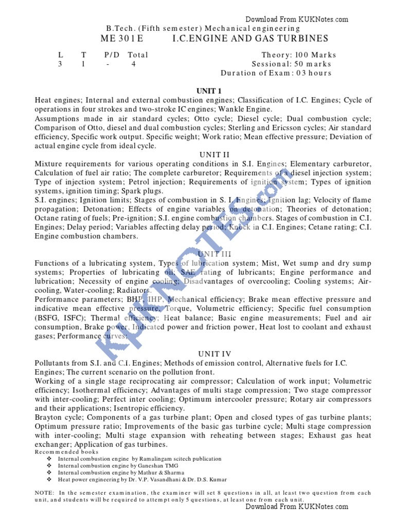 ME 301 E I.C.Engine and Gas Turbines: B.Tech. (Fifth Semester) Mechanical Engineering | Download ...