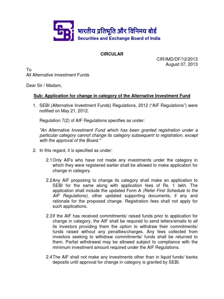 Circular - Application For Change in Category of The AIF | PDF ...